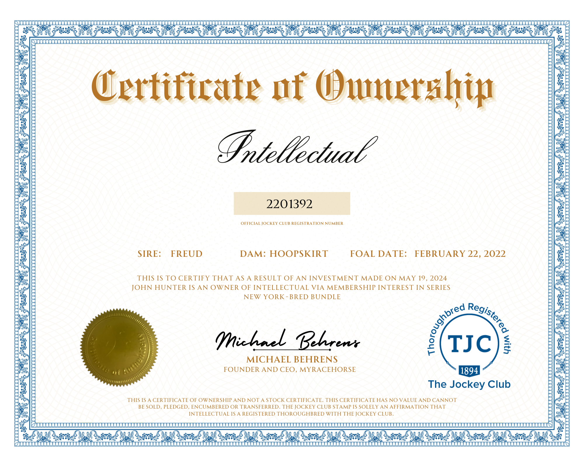 Intellectual Certificate of Ownership – MyRacehorse Shop